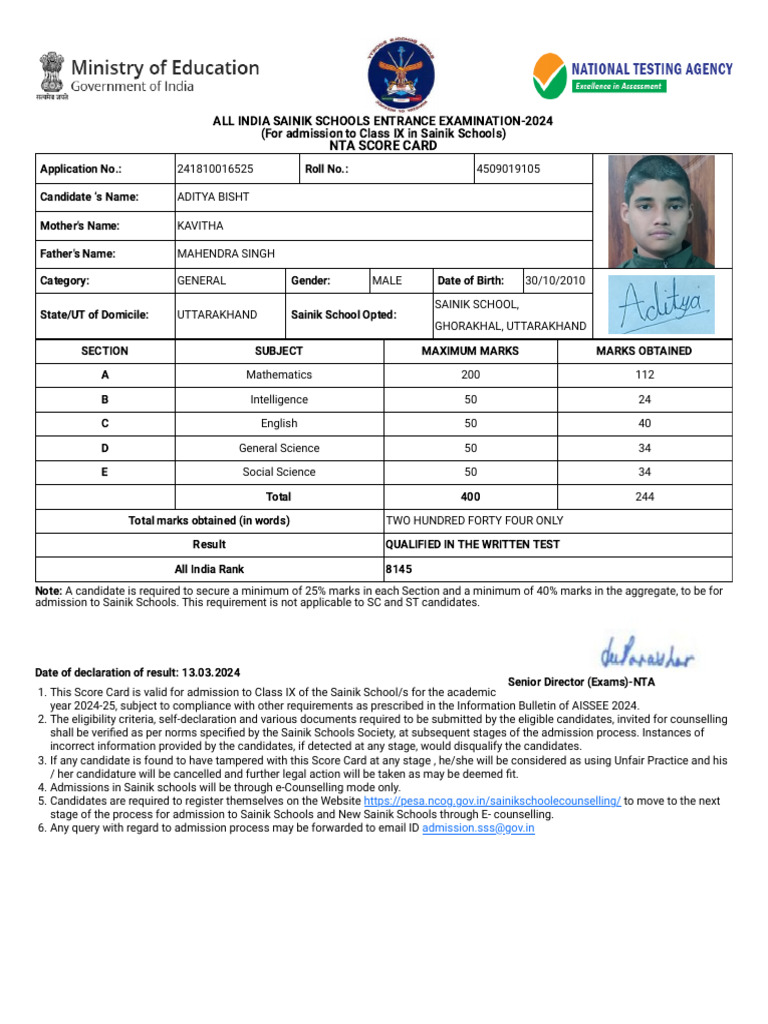 ALL INDIA SAINIK SCHOOLS ENTRANCE EXAM AISSEE - AISSEE - 2024 - India | PDF