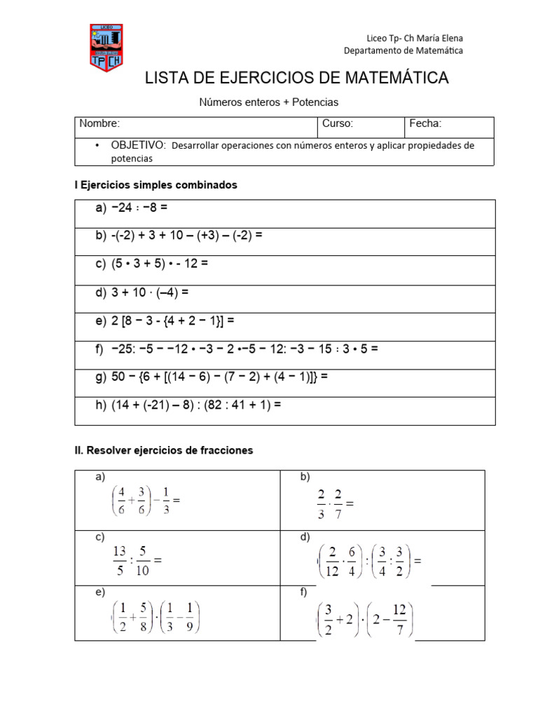 Lista de Ejercicios 1ros Medios | PDF