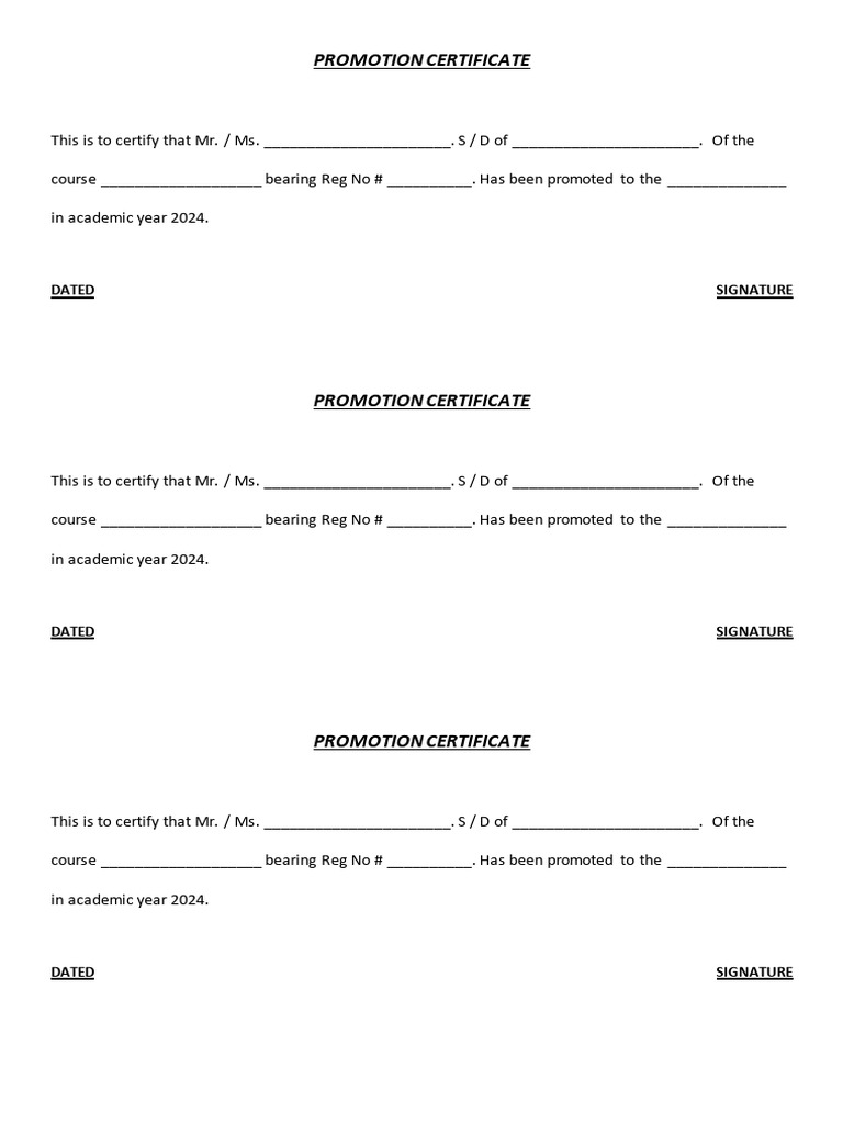 Promotion Certificate Template 2024 | PDF