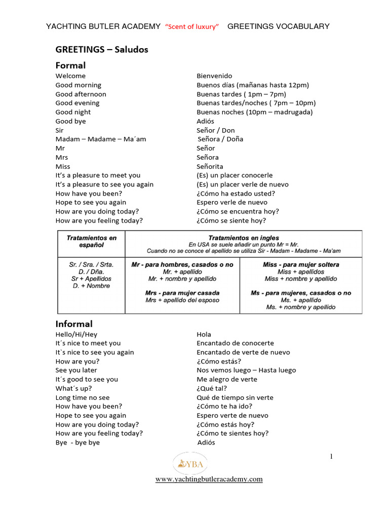 Vocabulario de saludos en yachting | PDF | Cocina, comidas y vino