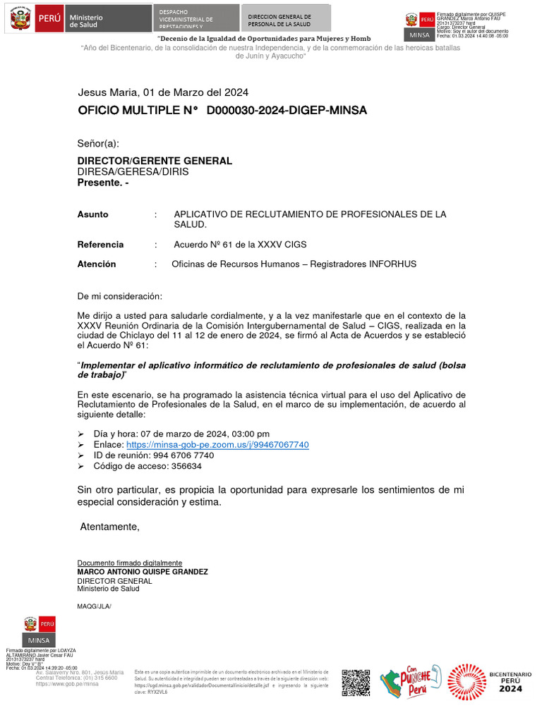 OF MULTIPLE 030-2024-DIGEP. Aplicativo de Reclutamiento | PDF