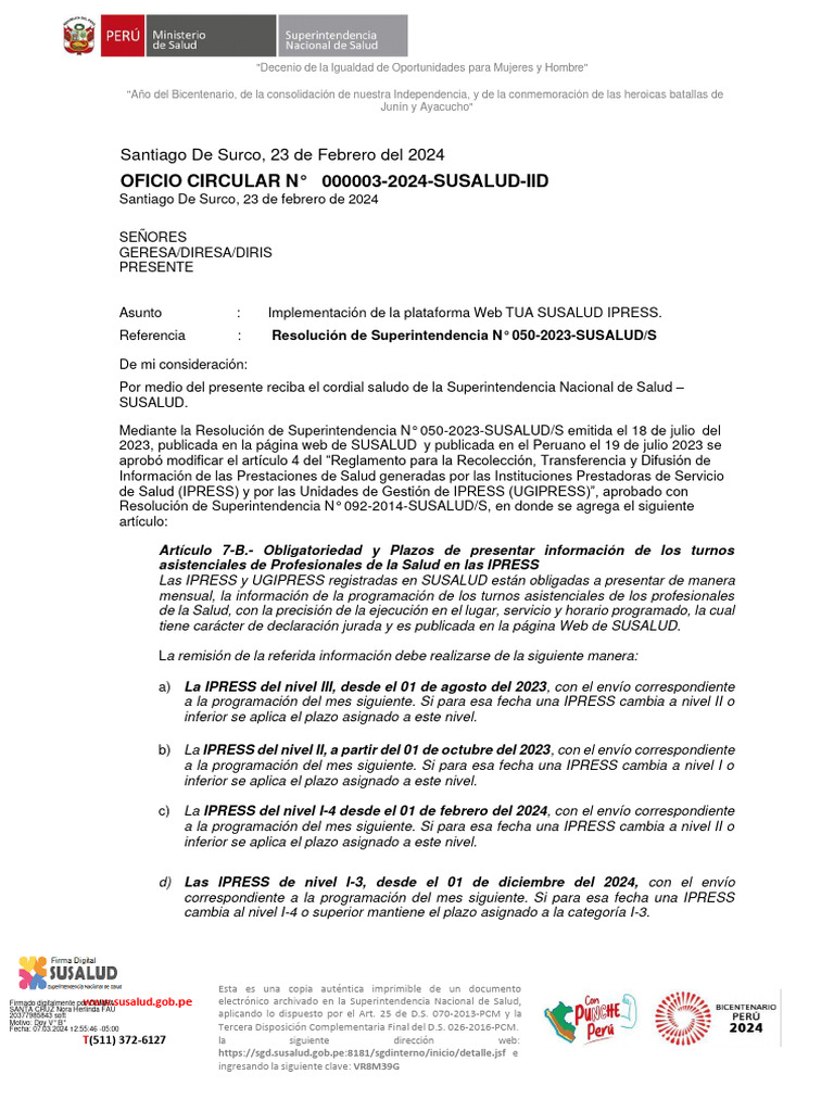 Circular #003-2024-Susalud - Geresa-Diresa-Diris Implementación Tua Susalud - Ok | PDF ...