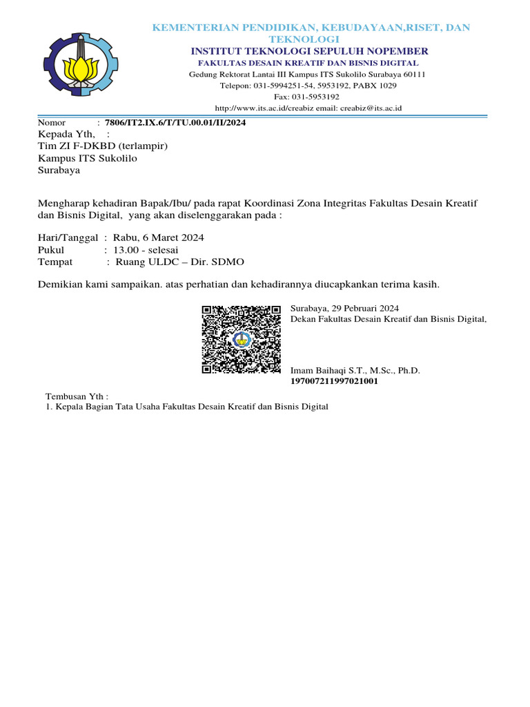 Undangan Koordinasi Zona Integritas Rabu 6 Maret 2024 | PDF