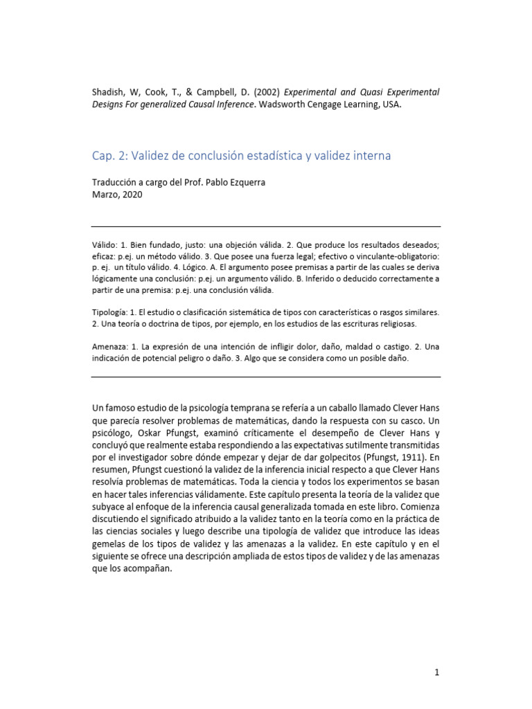 Shadish, Cool y Campbell 2002 Capitulo 2 Pag33-42 - V2 | PDF | Validez ...