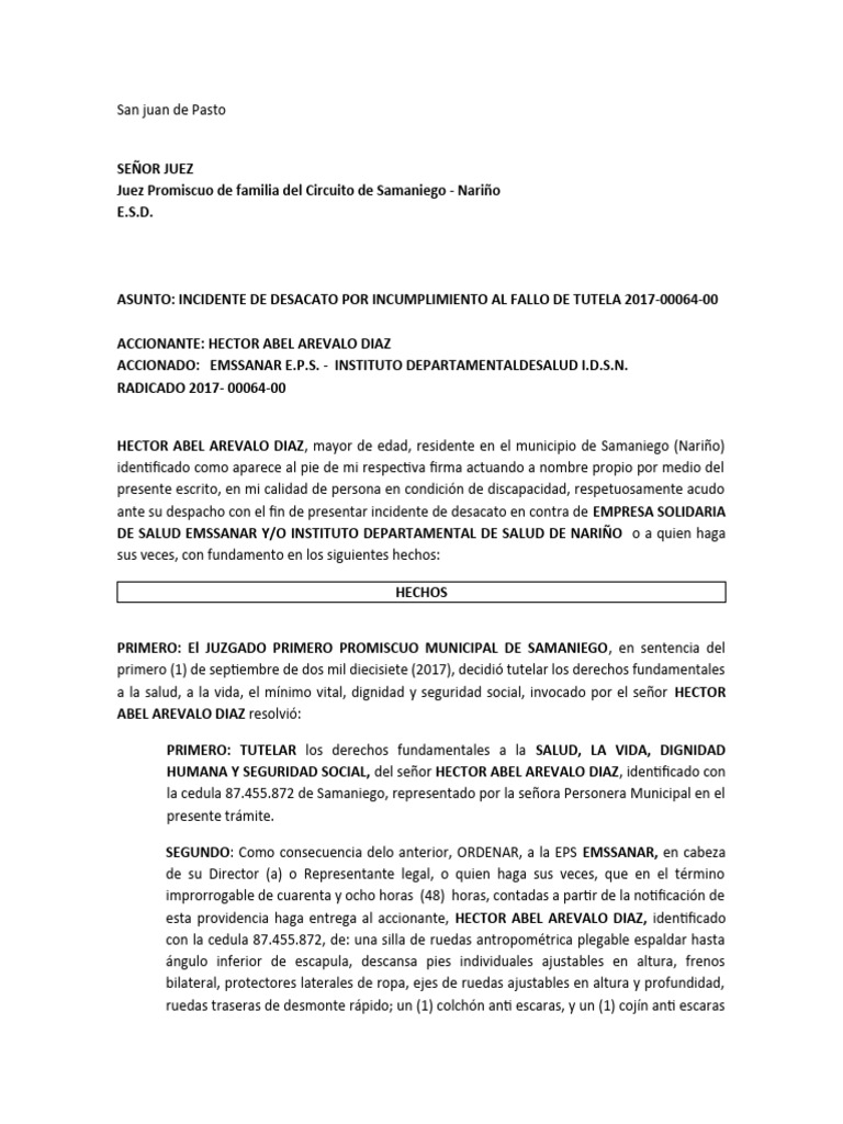 Incidente de Desacato de Tutela 2017-00064-00 | PDF | Justicia | Crimen ...