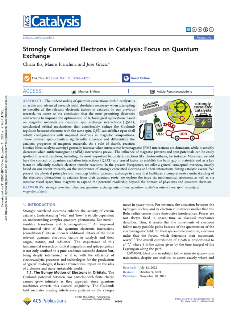 Biz Et Al 2021 Strongly Correlated Electrons in Catalysis Focus On Quantum Exchange | PDF ...