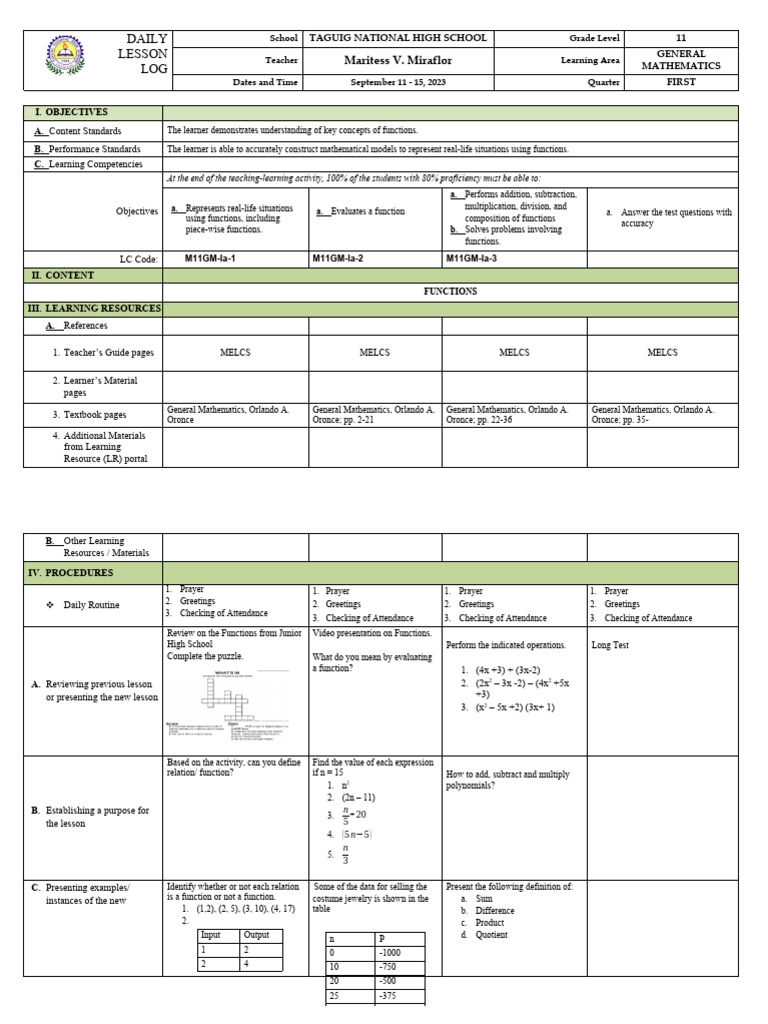 Gen-Math-DLL_ Week 3_Miraflor | PDF | Function (Mathematics) | Learning