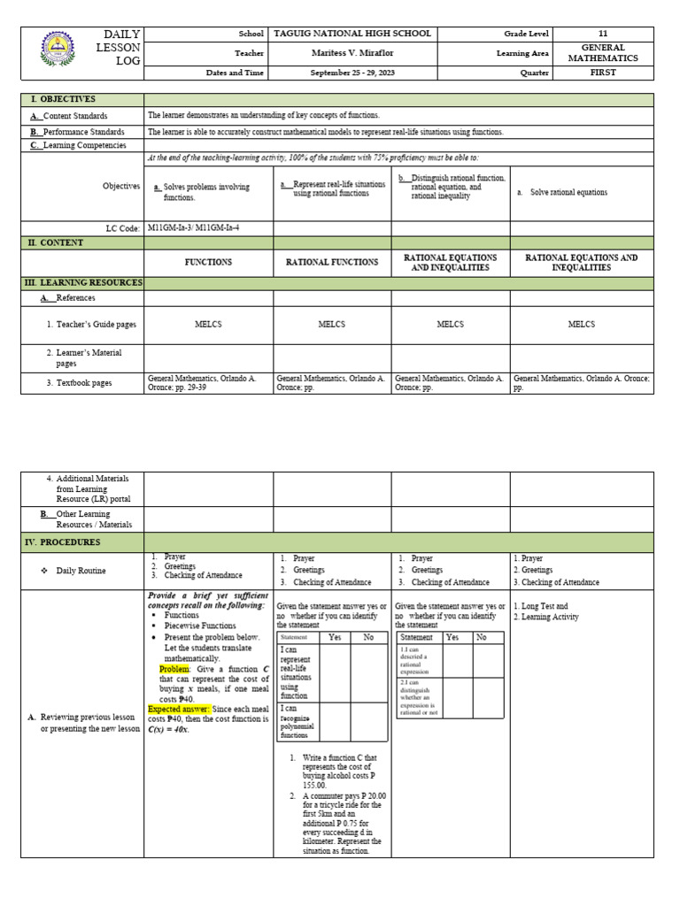 Gen-Math-DLL - Week 5 - Miraflor | PDF | Function (Mathematics) | Equations