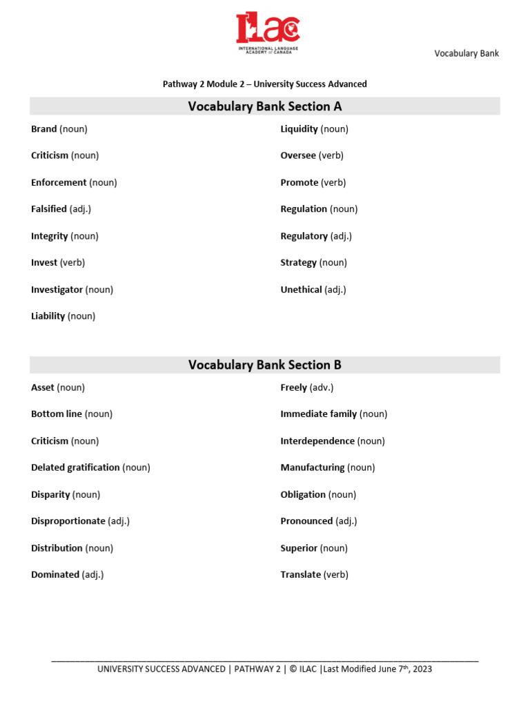 Pathway 2 Module 2 Vocabulary Bank | PDF