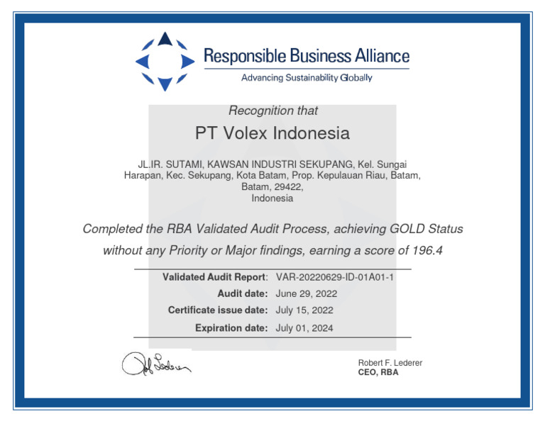 RBA-Certificate-Volex-Batam | PDF