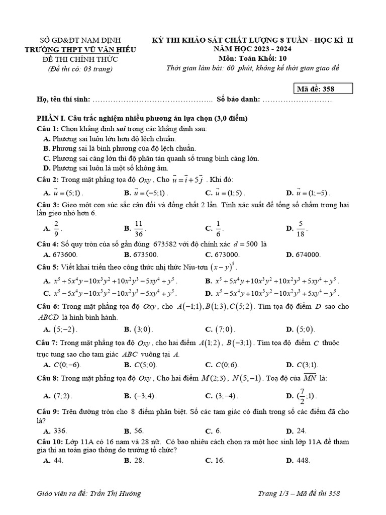 De KSCL 8 Tuan Ki 2 Toan 10 Nam 2023 2024 Truong THPT Vu Van Hieu Nam Dinh | PDF