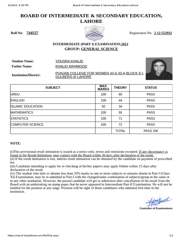 Board of Intermediate & Secondary Education, Lahore | PDF