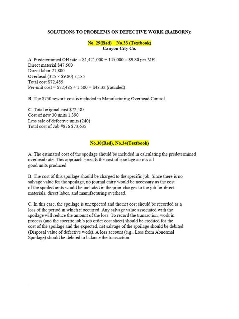 Solutions To Raiborn Problems On Defective Work (Job Order Costing ...
