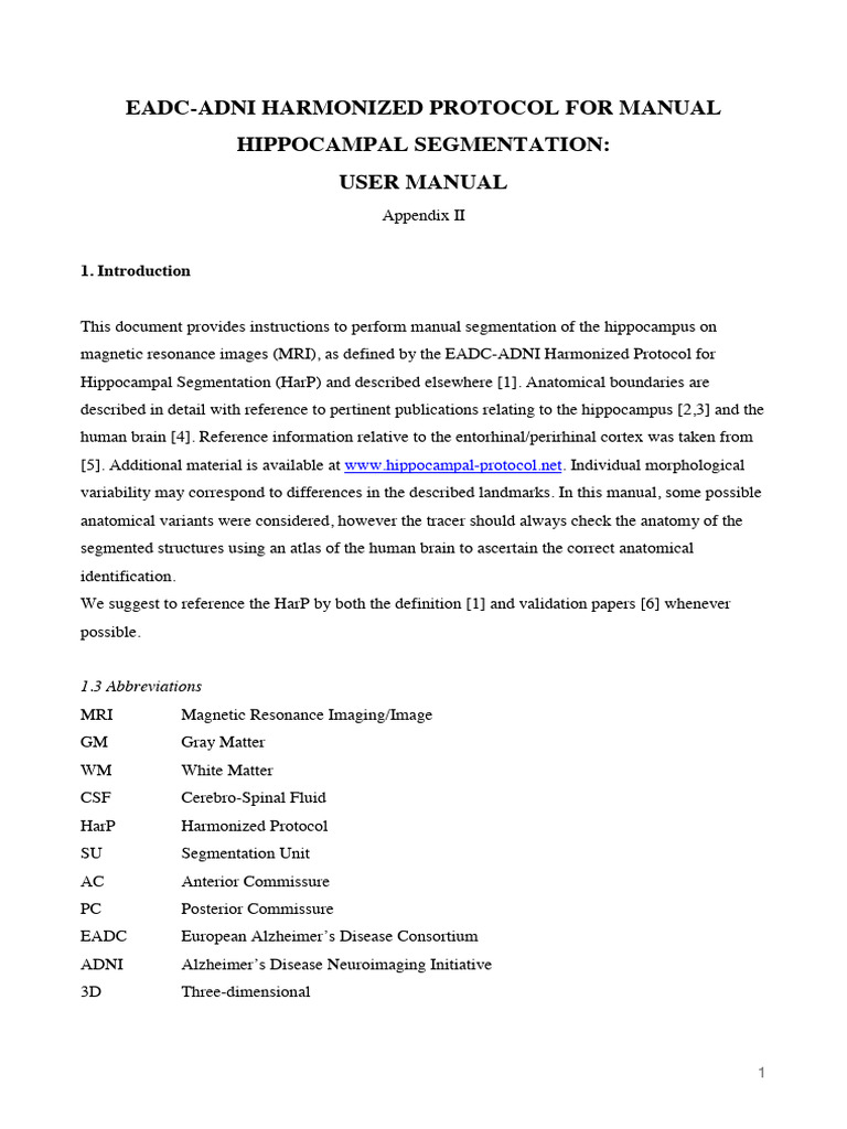 Eadc-Adni Harmonized Protocol For Manual 1. Introduction Hippocampal ...