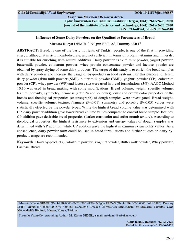 Influence of Some Dairy Powders On The Qualitative Parameters of Bread | PDF | Milk | Powdered Milk