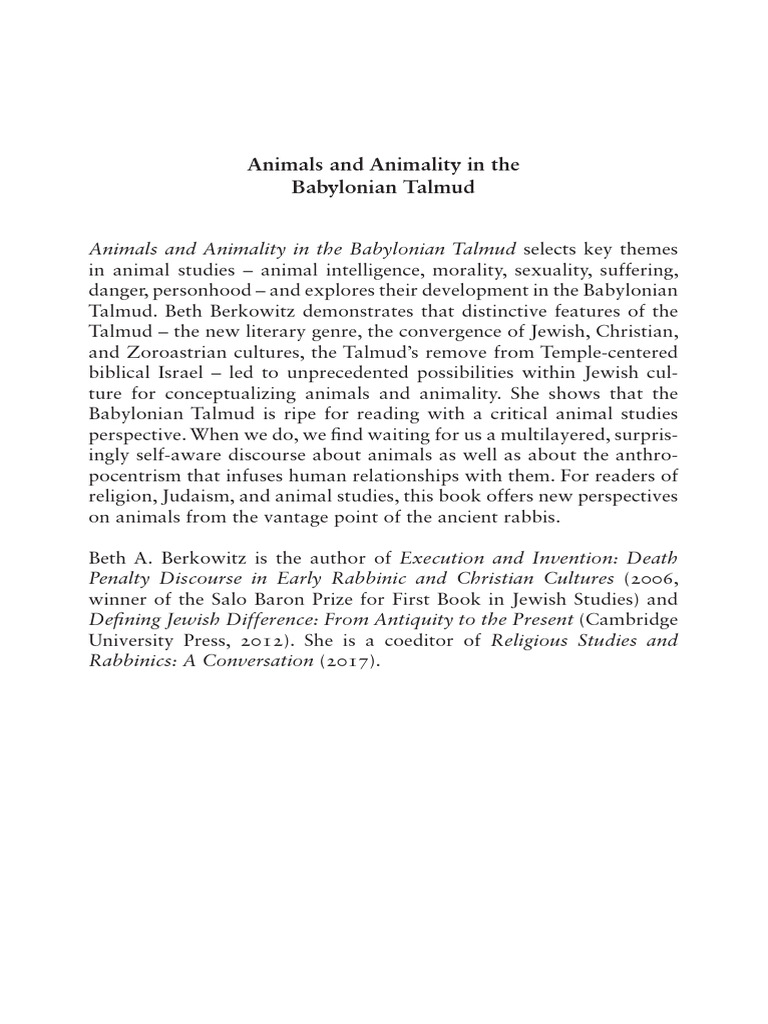 Beth A. Berkowitz - Animals and Animality in The Babylonian Talmud ...