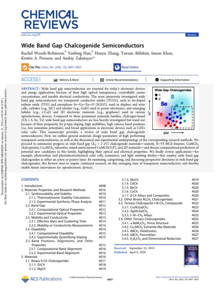 Woods Robinson Et Al 2020 Wide Band Gap Chalcogenide Semiconductors | PDF | Semiconductors ...