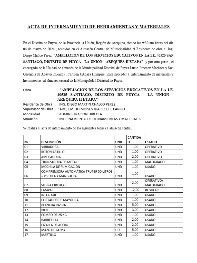 Acta de Internamiento de Herramientas | Descargar gratis PDF | Equipo
