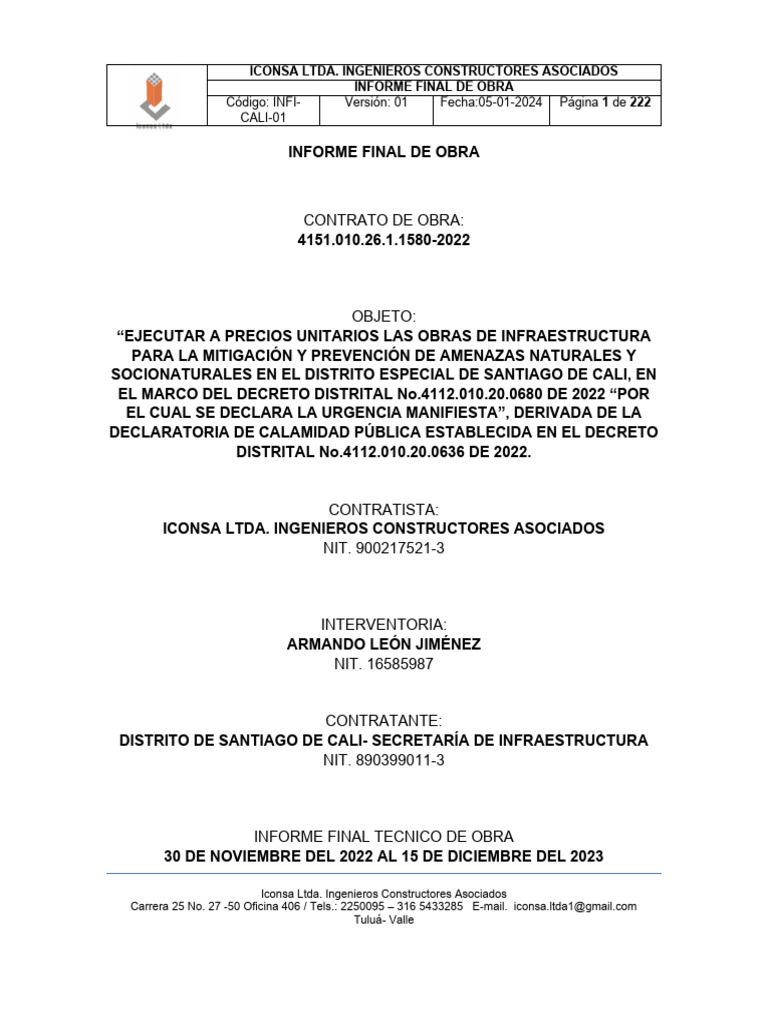 Informe Final de Obra en Cali 2024 | PDF | Santiago | Ciencias de la Tierra