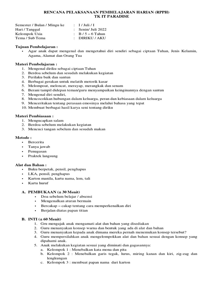 RPPH TK IT Paradise: Tema Diriku | PDF | Karier & Perkembangan