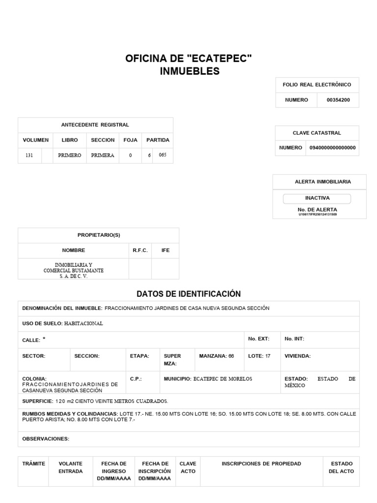 Ejemplo de Folio Real de Escritura | PDF