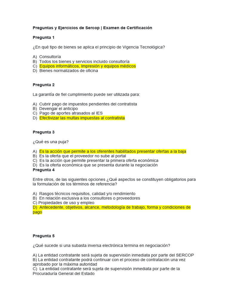 Preguntas y Ejercicios de Sercop | PDF | Subasta | Presupuesto