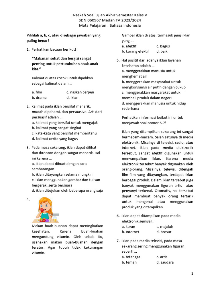 Bahasa Indonesia Soal Ujian Akhir Semester 2023 2024 Kelas 5 SD | PDF