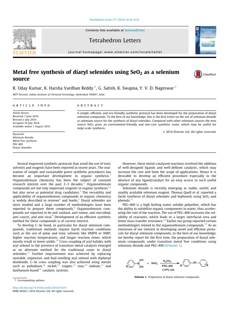 Metal Free Synthesis of Diaryl Selenides Using SeO2 As A Selenium | PDF ...