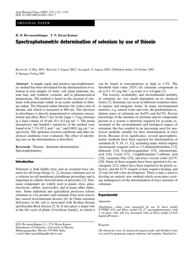 Spectrophotometric Determination of Selenium by Use of Thionin | PDF | Iodine | Selenium