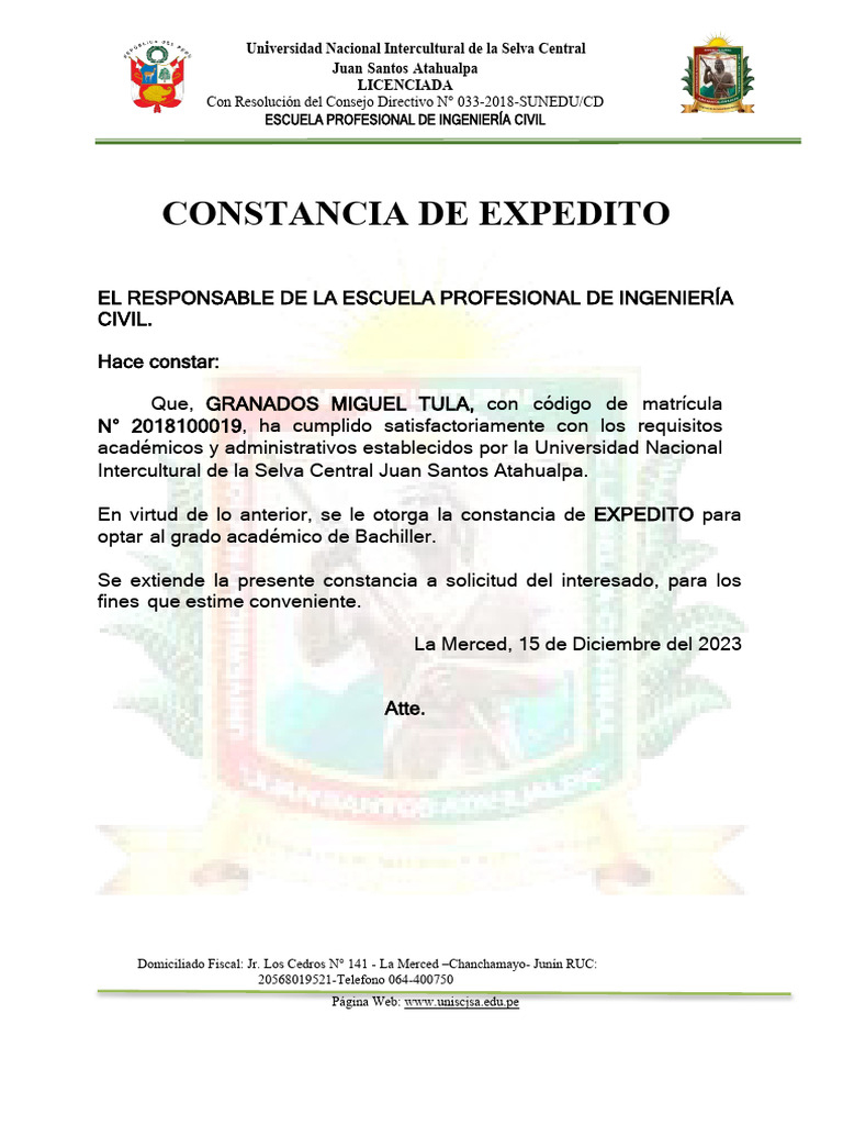 Constancia de Expedito - Granados Miguel Tula | PDF | Finanzas y dinero