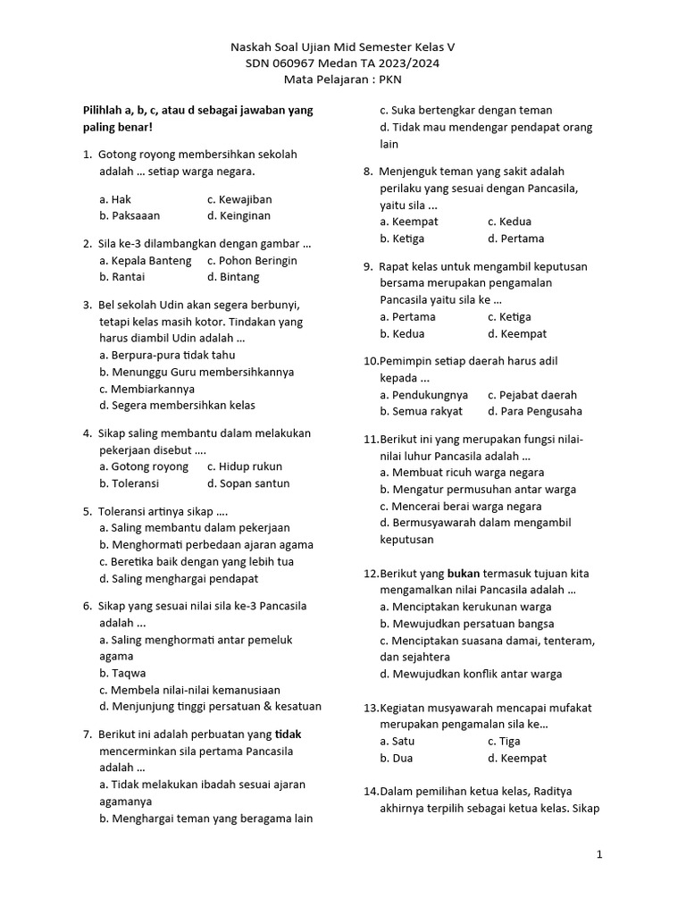PKN Soal Ujian Mid Semester 2023 2024 Kelas 5 SD | PDF