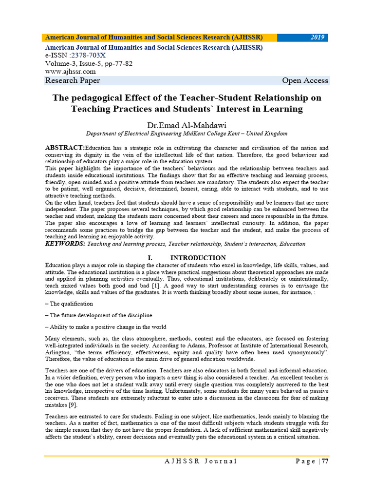 The Pedagogical Effect of The Teacher-Student Relationship On Teaching Practices and Students ...