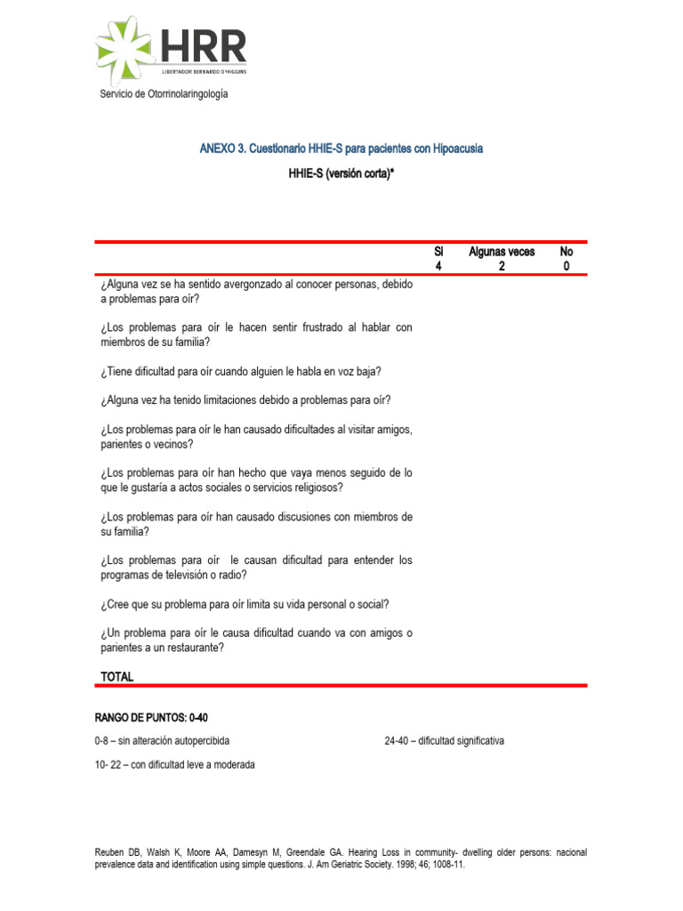 Cuestionario HHIE-S para pacientes con Hipoacusia (versión corta) | PDF