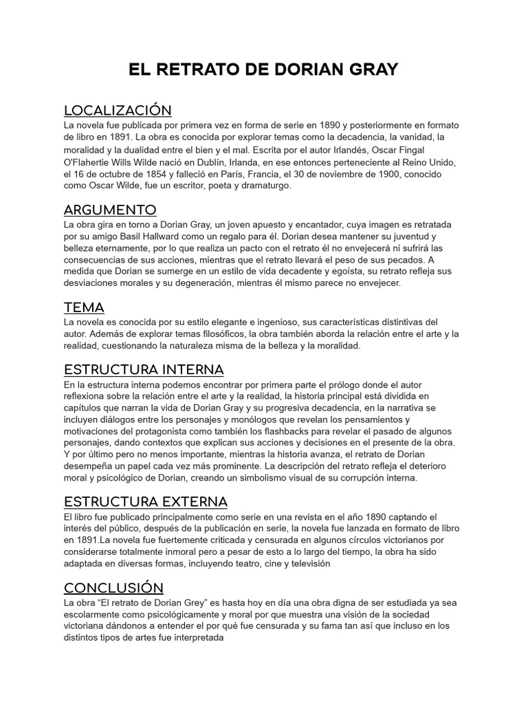Análisis de El Retrato de Dorian Gray | PDF | La imagen de Dorian Gray