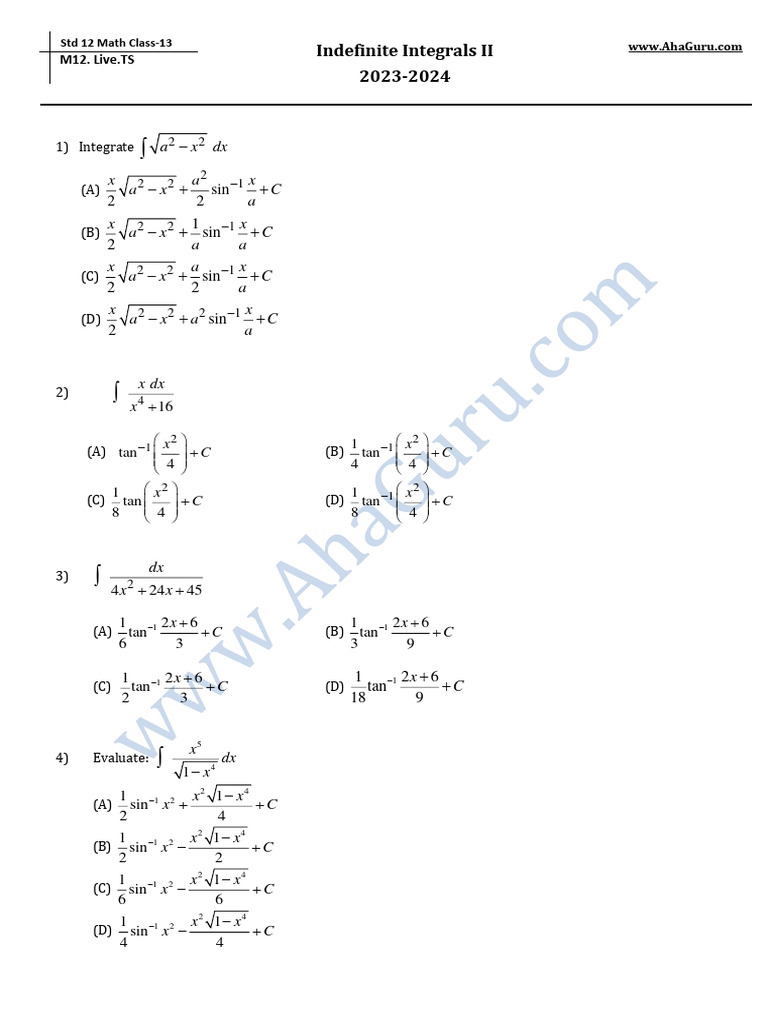 M12.WK13TS 2023 Indefinite Integrals II Questions-BS | PDF