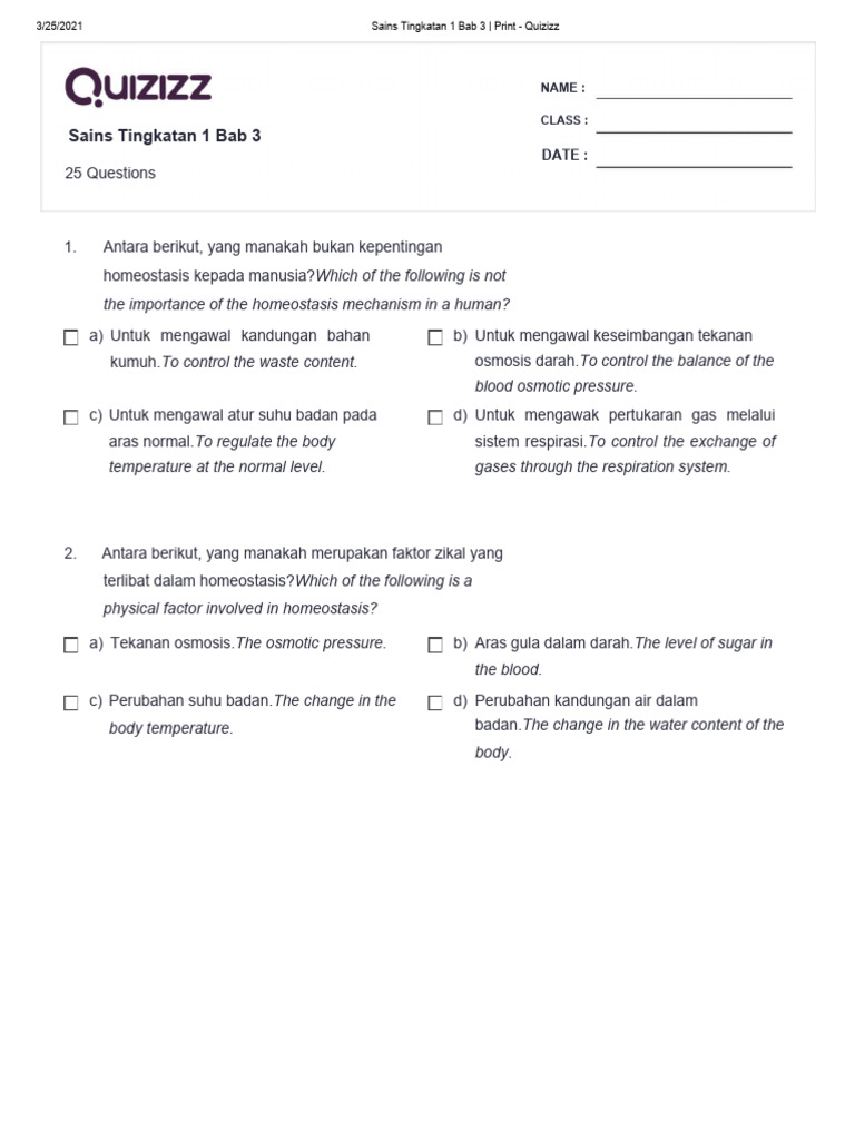 Sains Tingkatan 1 Bab 3 Print Quizizz Pdf Kesehatan Holistik