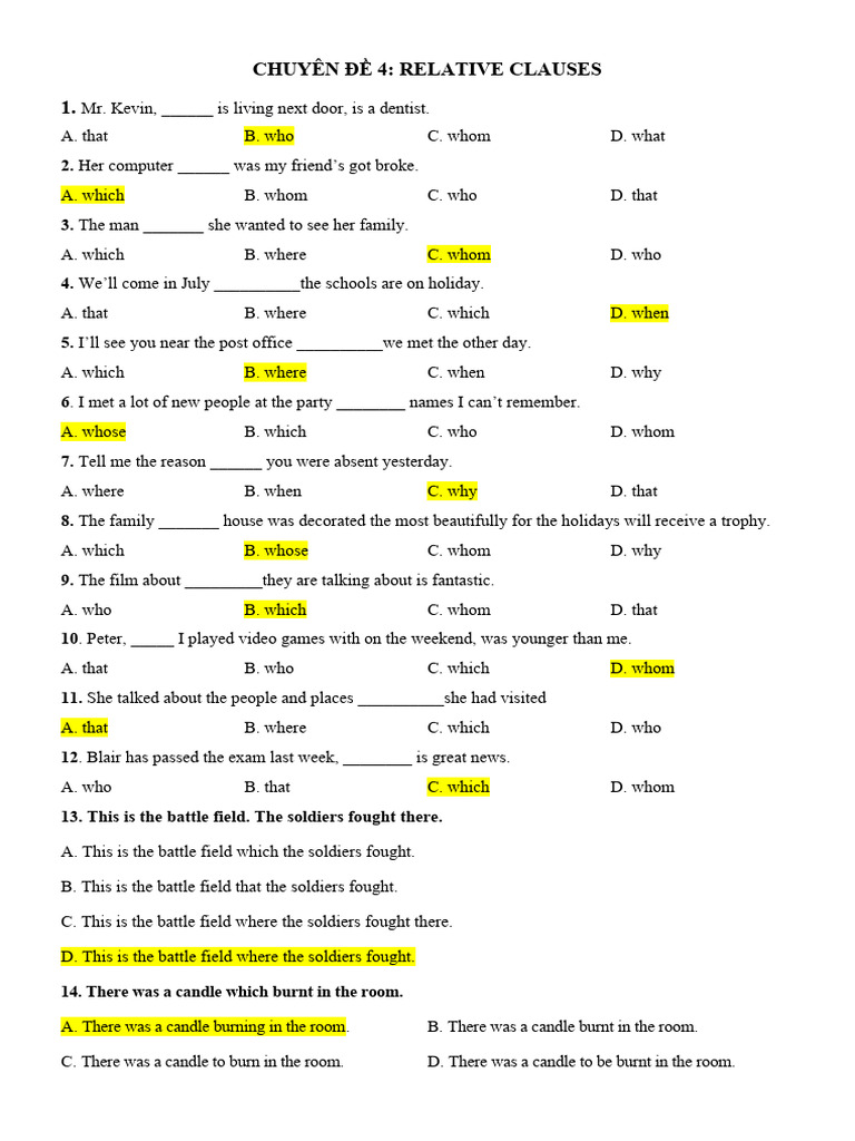 CHUYÊN ĐỀ 4 relative clauses | PDF | Sports & Recreation | Language ...
