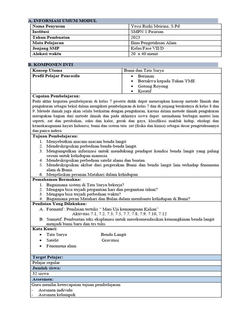 Modul Ajar Bumi Dan Tata Surya Pdf