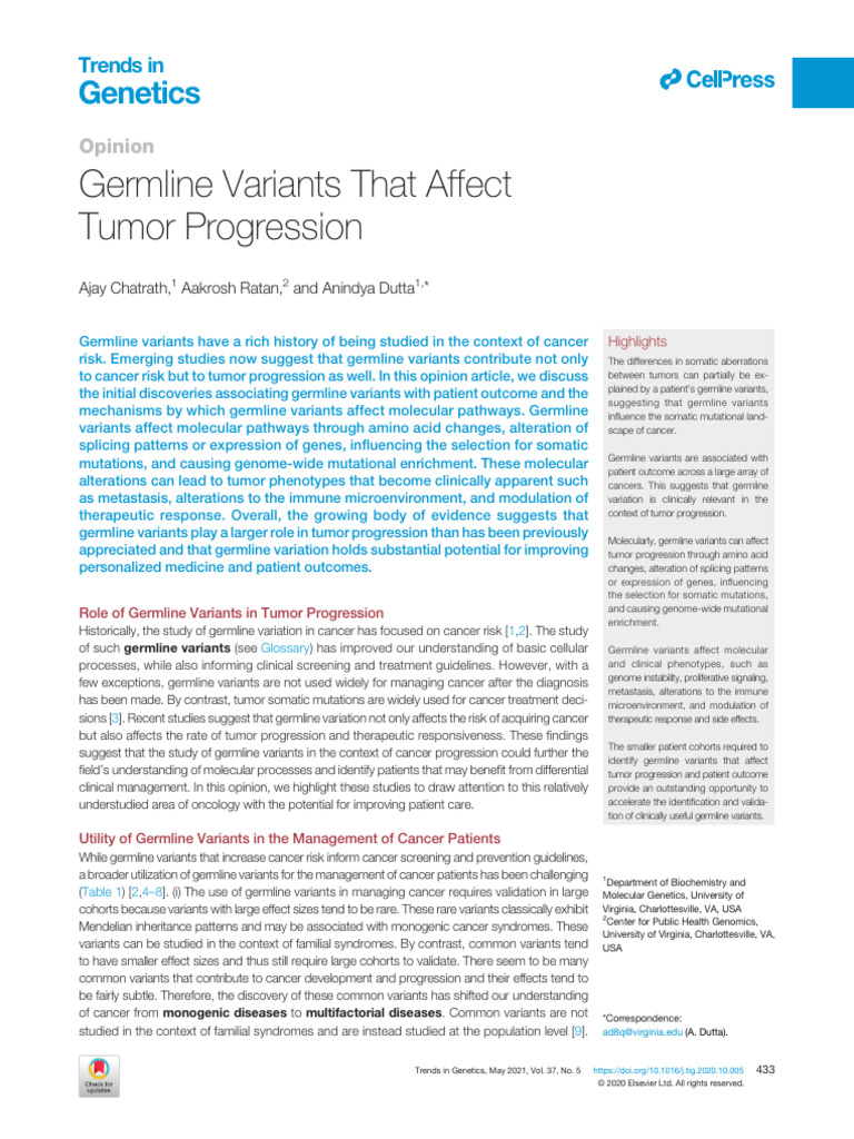 Germline Variants That Affect Tumor Progression - 20 | PDF | Mutation | Cancer