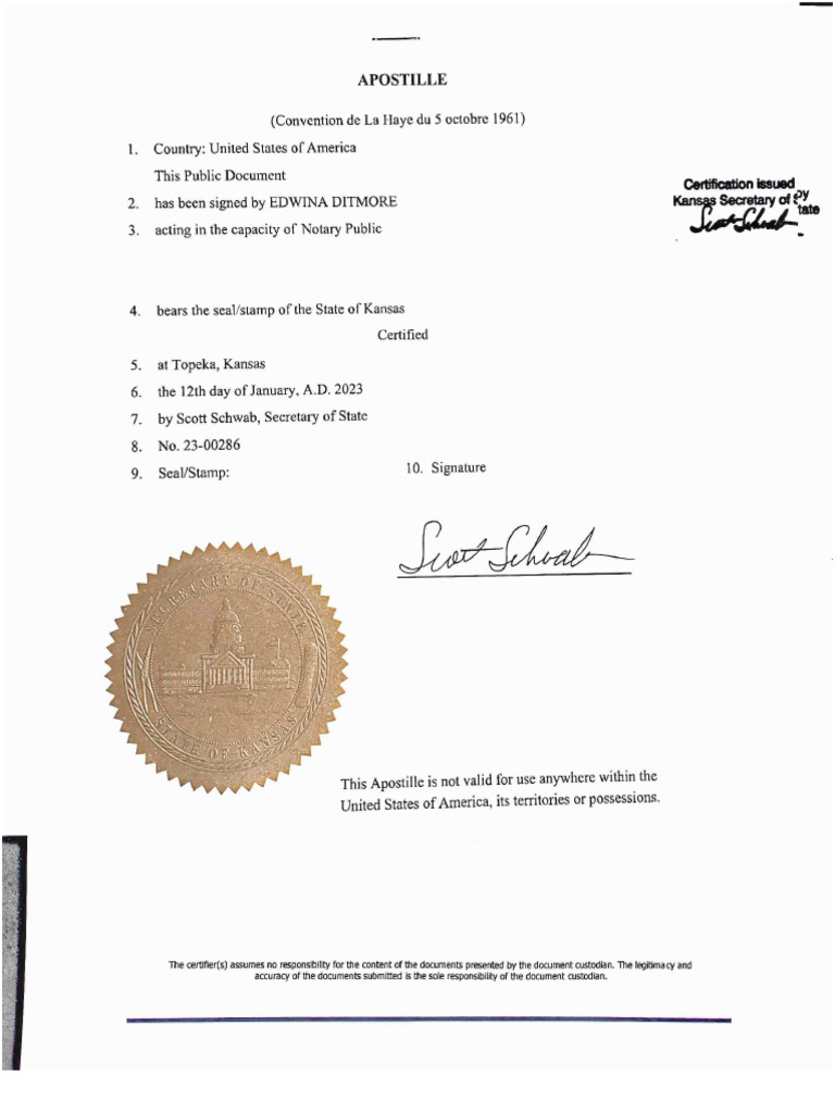KS SOS Apostille Certificate Sample | PDF