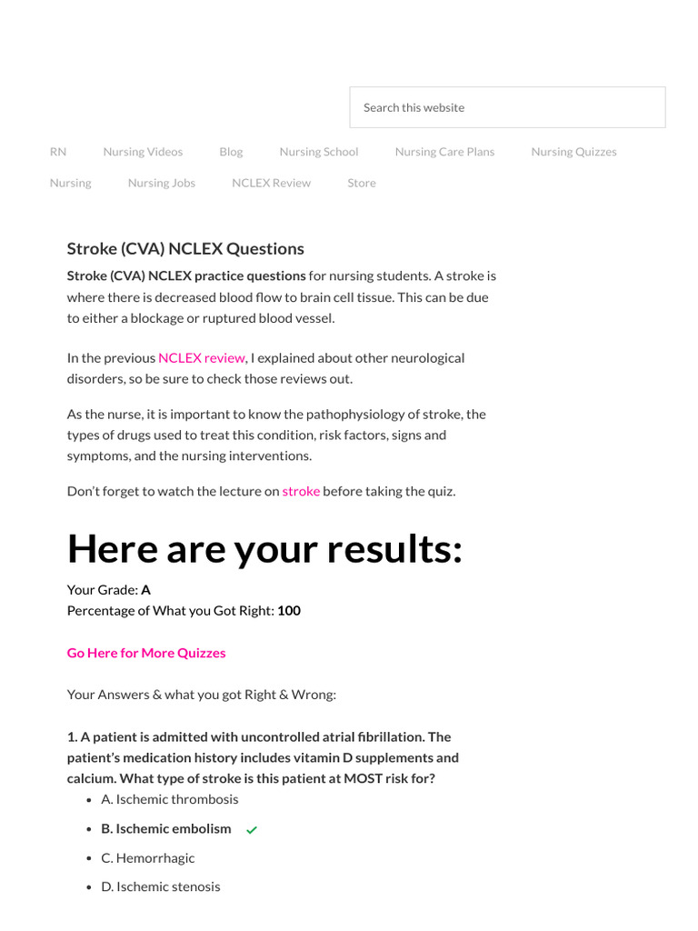 Stroke Risk and NCLEX Practice Questions | PDF | Stroke | Ischemia