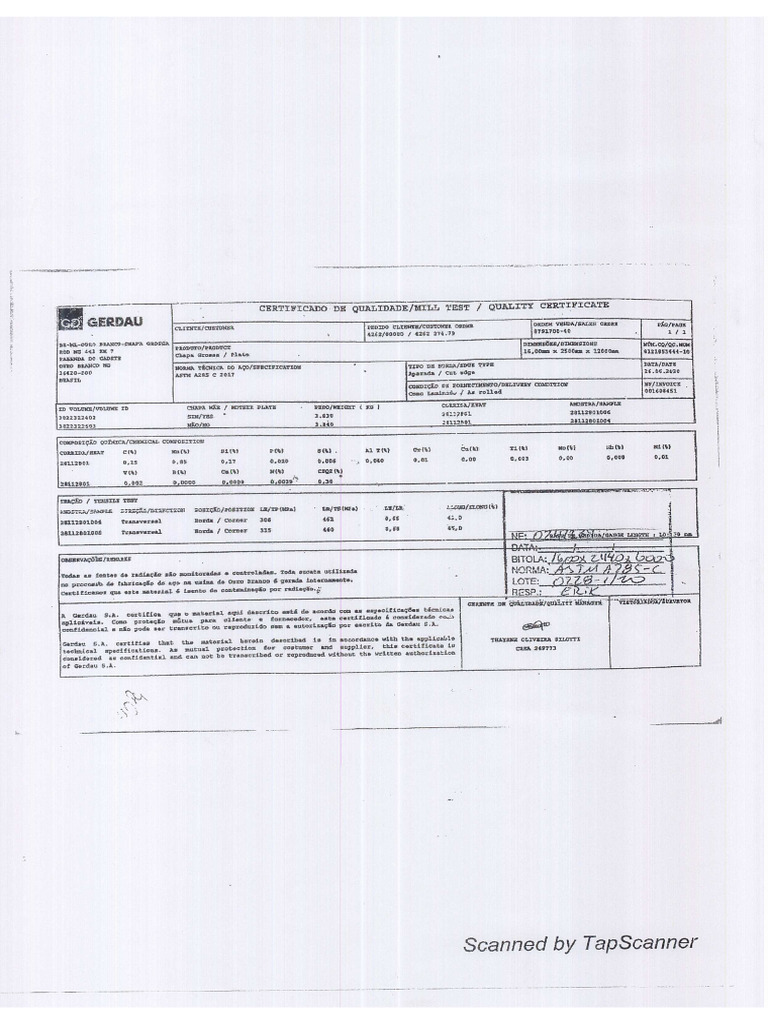 CERTIFICADO CHAPA ASTM A 285-C | PDF