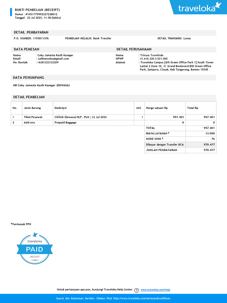 Traveloka Receipt | PDF