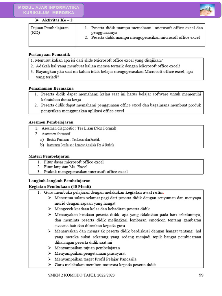 Modul Ajar Microsoft Excel Kurikulum Merdeka | PDF