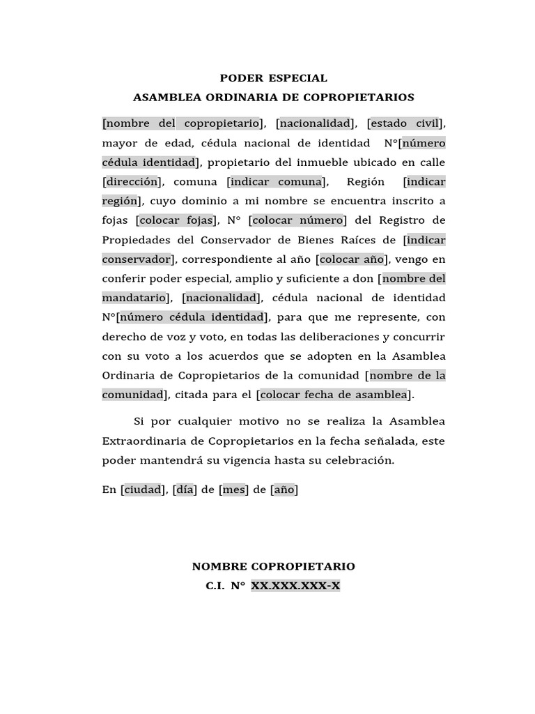 Poder Especial Para Asamblea Ordinaria de Copropietarios | PDF Poder Especial Para Asamblea Ordinaria de Copropietarios | PDF