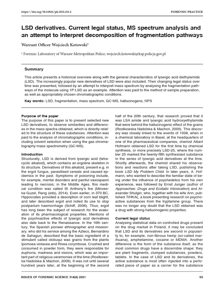 W Kotowski LSD Derivatives Current Legal Status MS Spectrum Analysis And | PDF | Mass ...