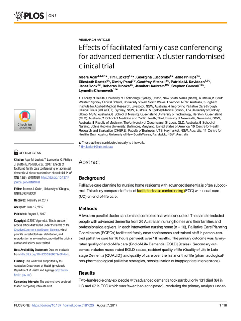 Effects of Facilitated Family Case Conferencing For Advanced Dementia - A Cluster Randomised ...