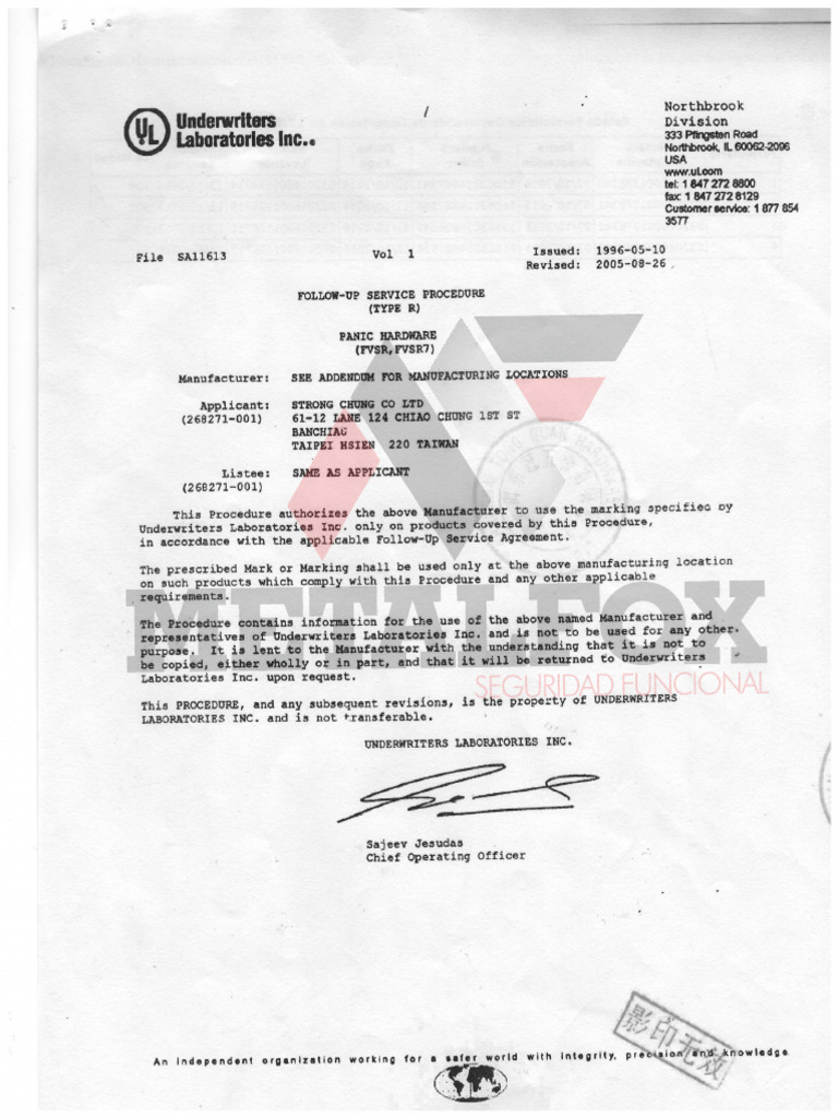 Certificado Ul Barras Brazos y Manijas | PDF