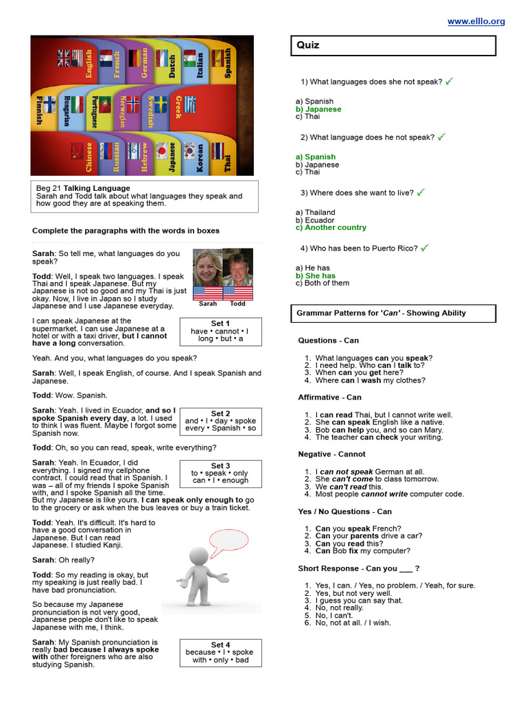 Elllo Beg 21 - Sarah John - Talking Language - Abilities - Answers ...