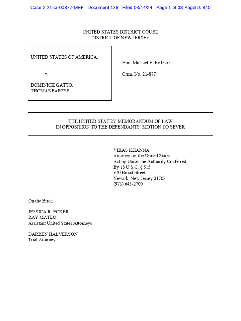 Opposition to Motion to Sever Trial | PDF | Testimony | Expert Witness